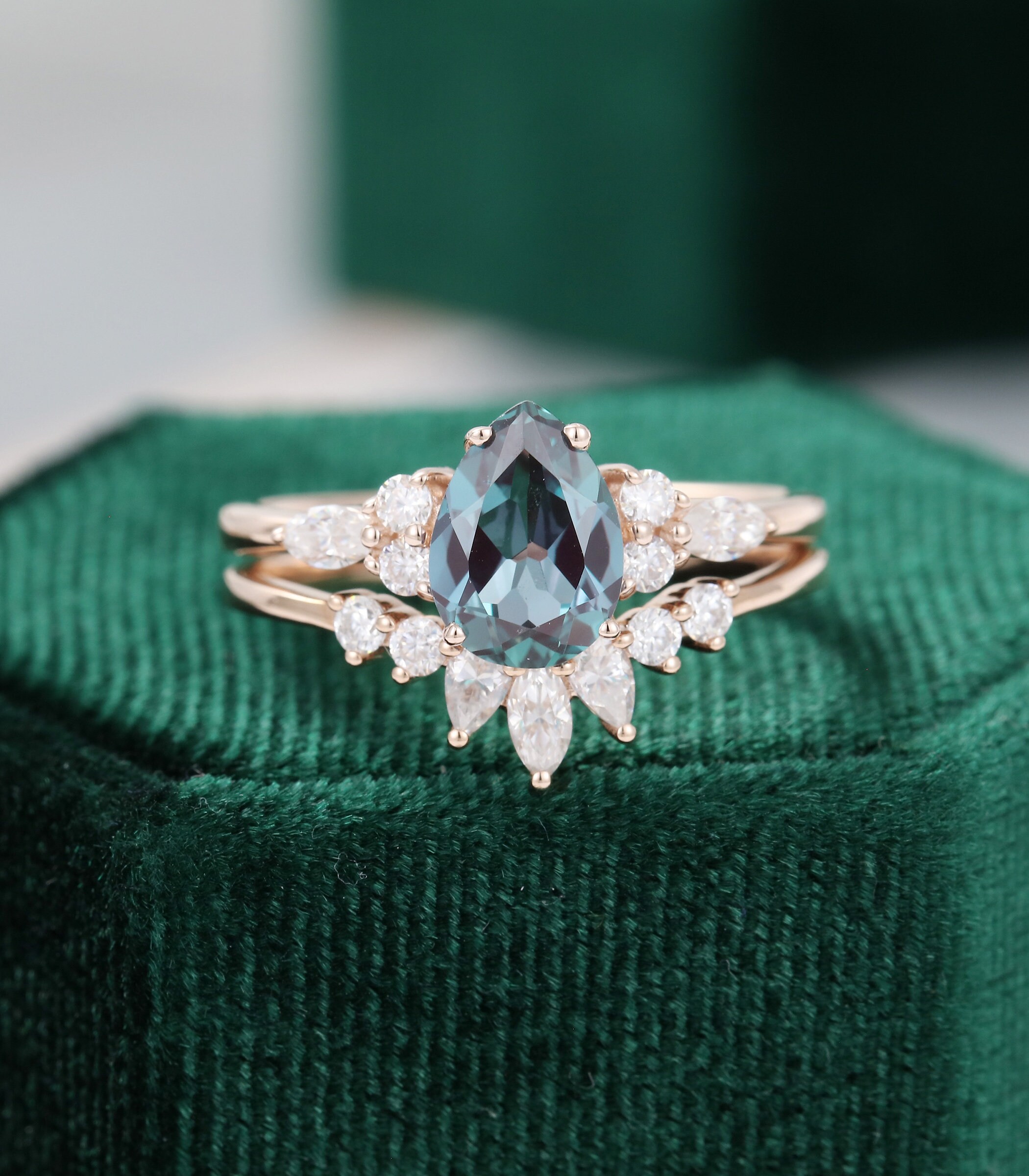 Pear Shaped Alexandrite Engagement Ring Set Vintage Unique | Etsy