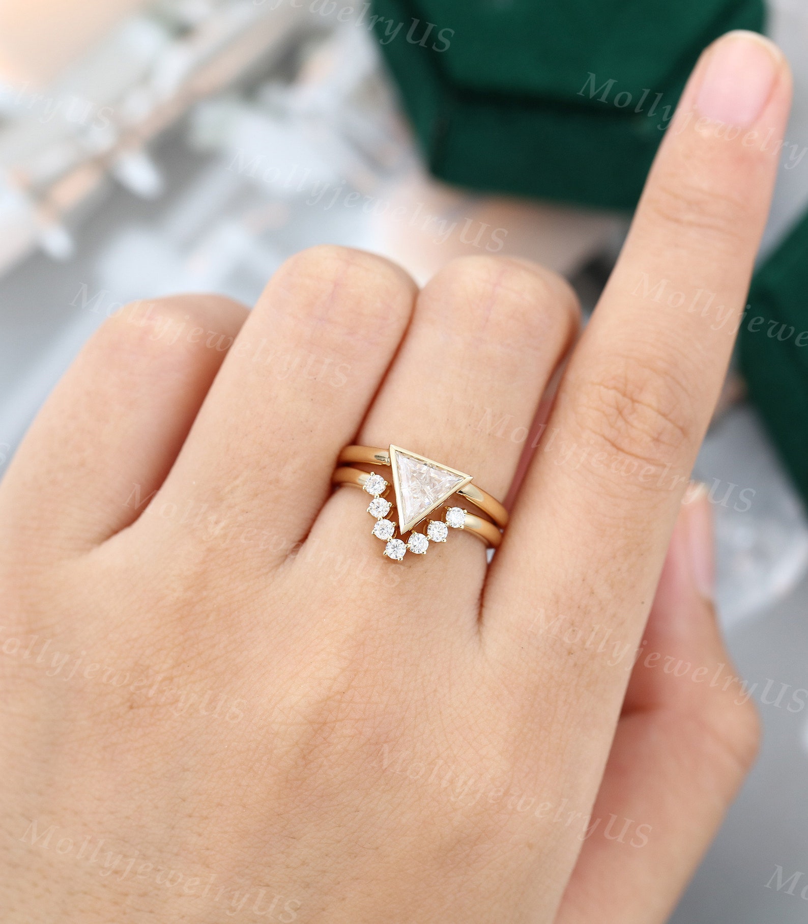 Unique Triangle Engagement Ring Set Simple Engagement Ring Yellow Gold ...