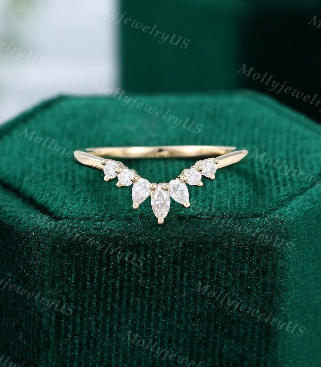 Curved Wedding Band Women Vintage Solid 14K Yellow Gold Moissanite ...