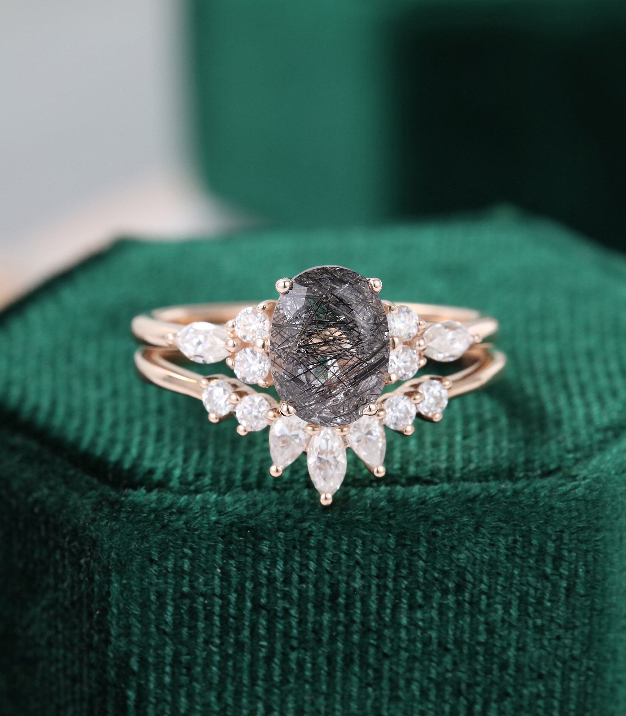 Oval Black Rutilated Quartz engagement ring set rose gold | Etsy