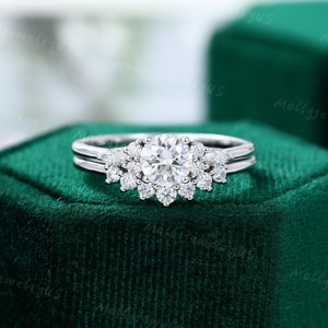 White Gold Engagement Ring Set Unique Cluster Moissanite Engagement ...