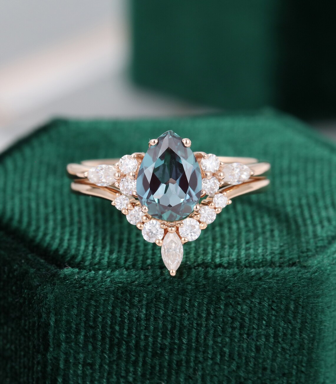 Pear shaped Alexandrite engagement ring set rose gold vintage | Etsy