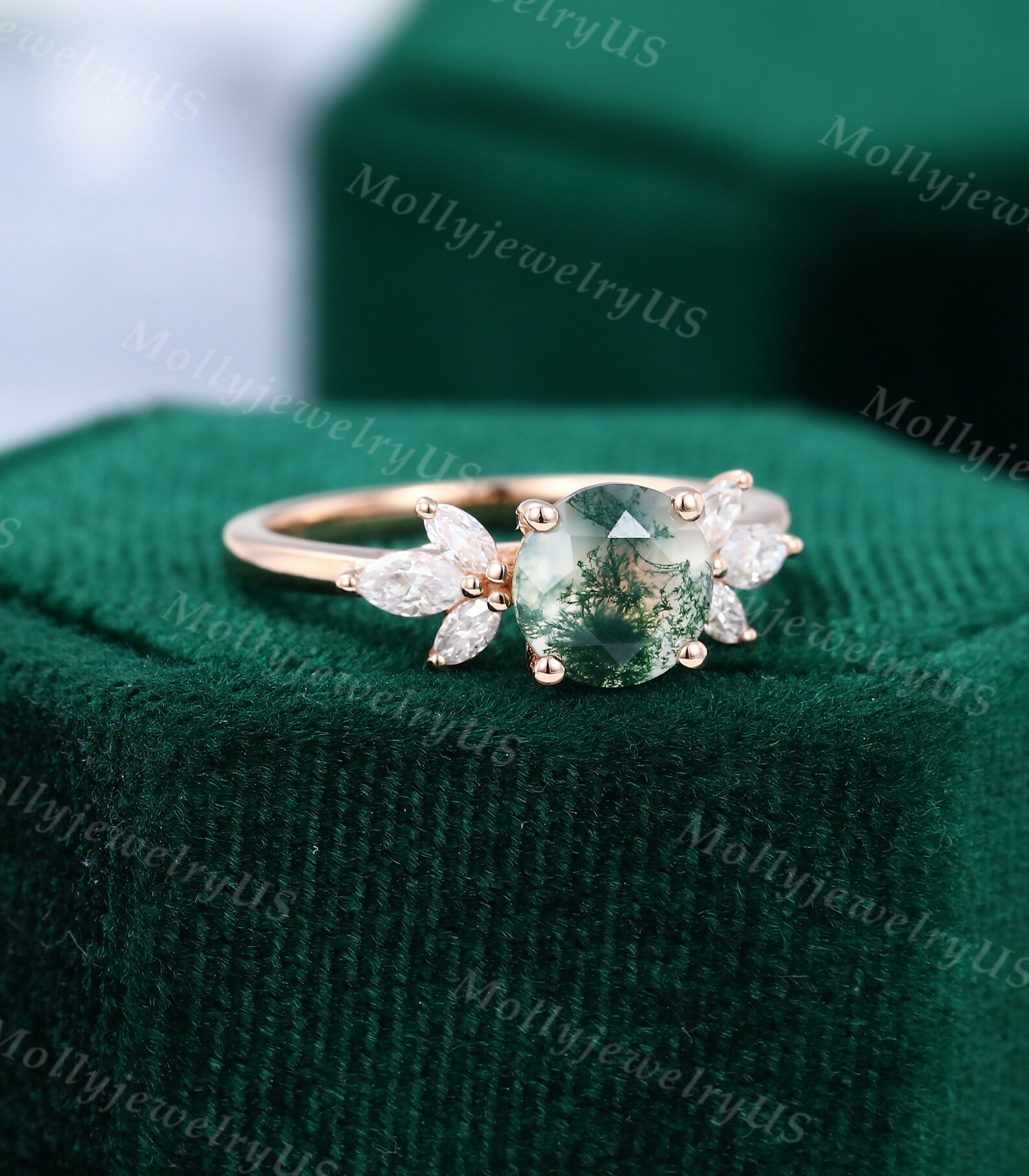 Moss Agate Engagement Ring Unique Cluster Engagement Ring - Etsy