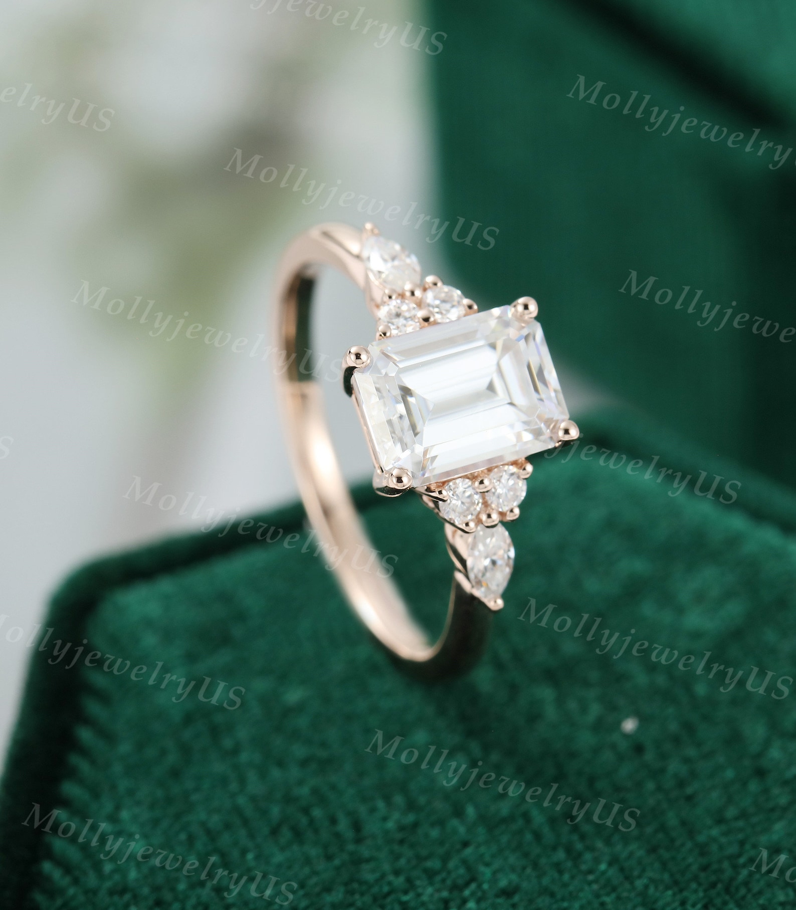 Emerald Cut Moissanite Engagement Ring Vintage Diamond Cluster - Etsy ...