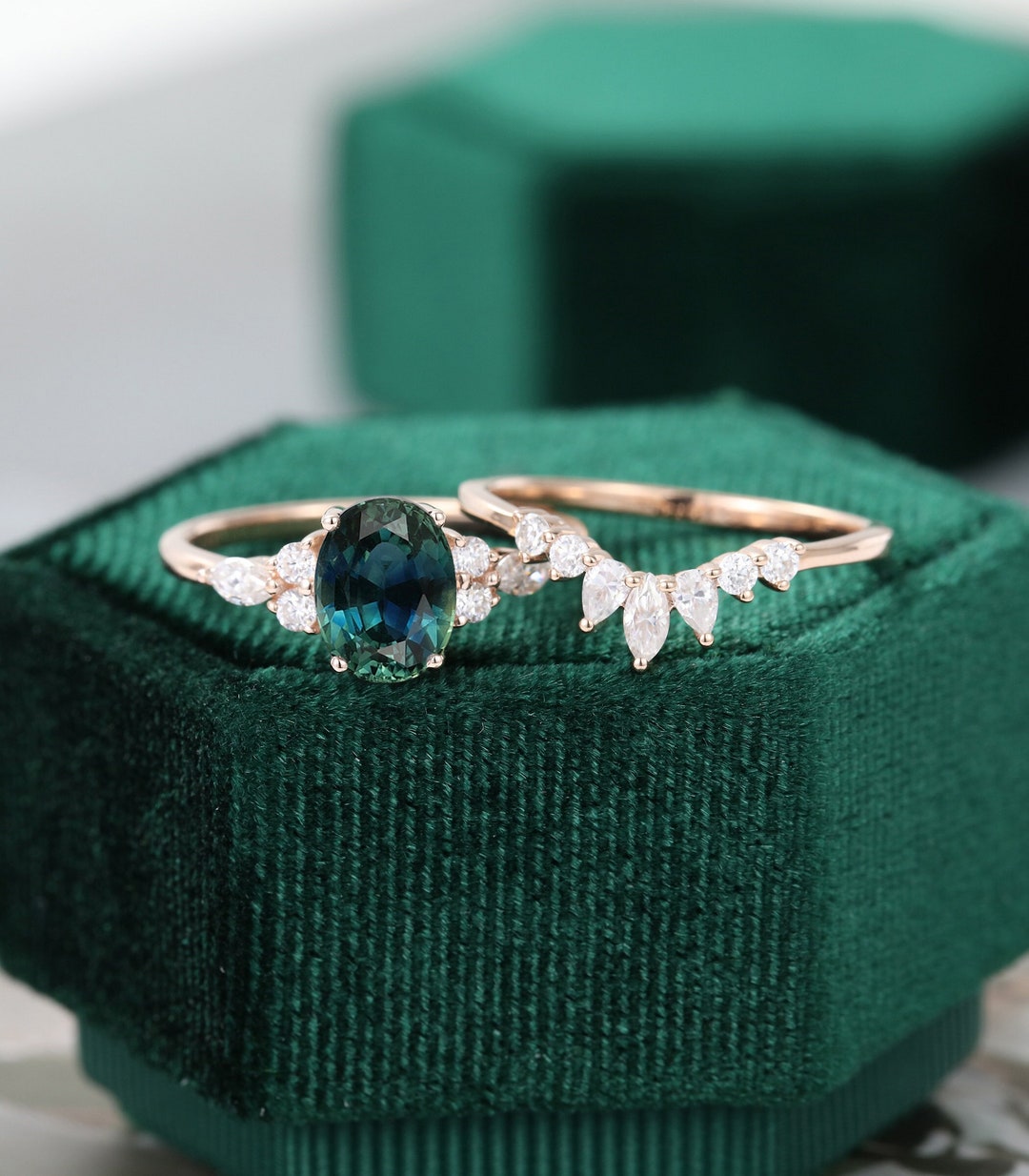 Green Blue Sapphire Engagement Ring Set Vintage Unique Rose Gold ...