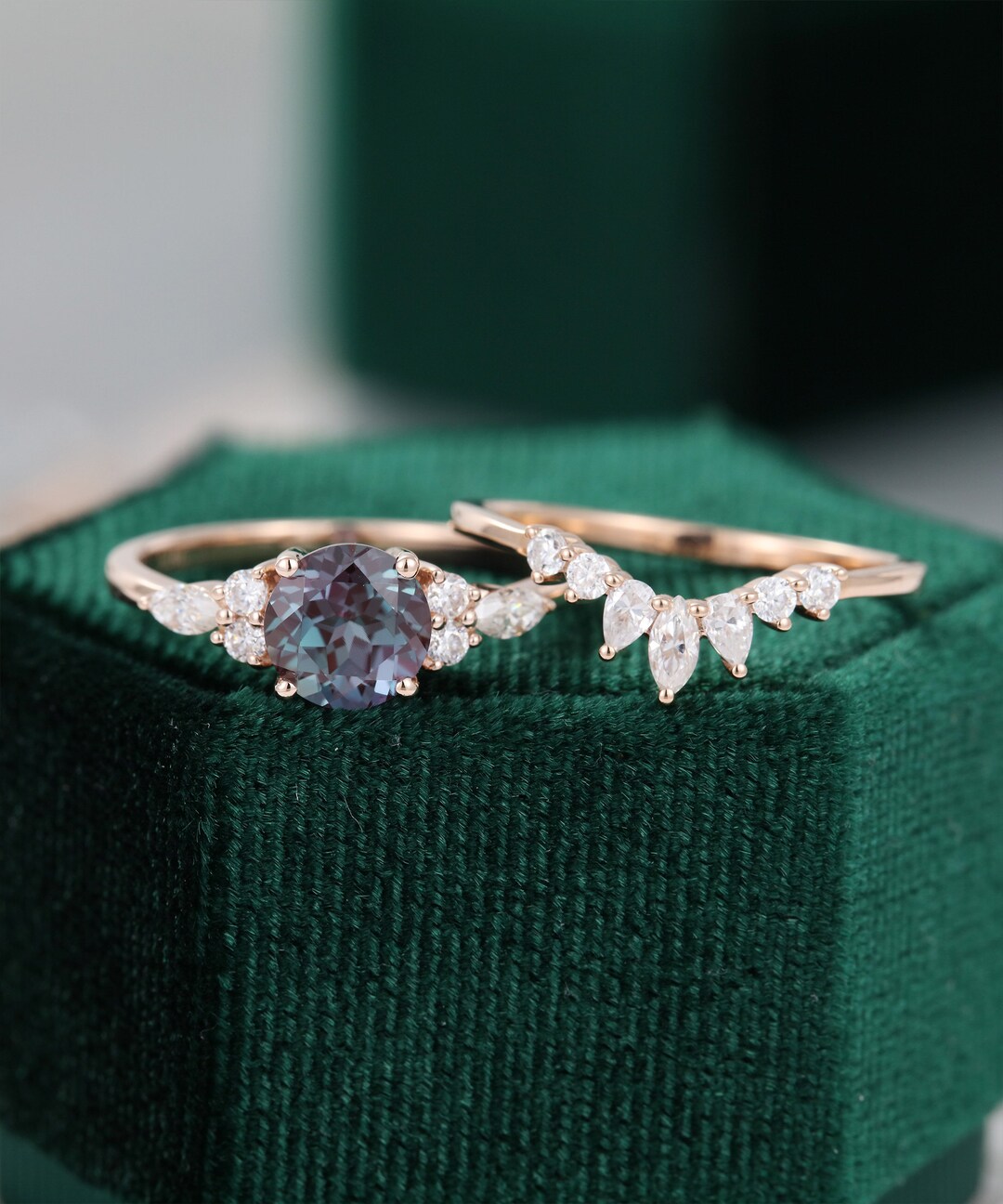 Alexandrite Engagement Ring Set Rose Gold Unique Marquise - Etsy