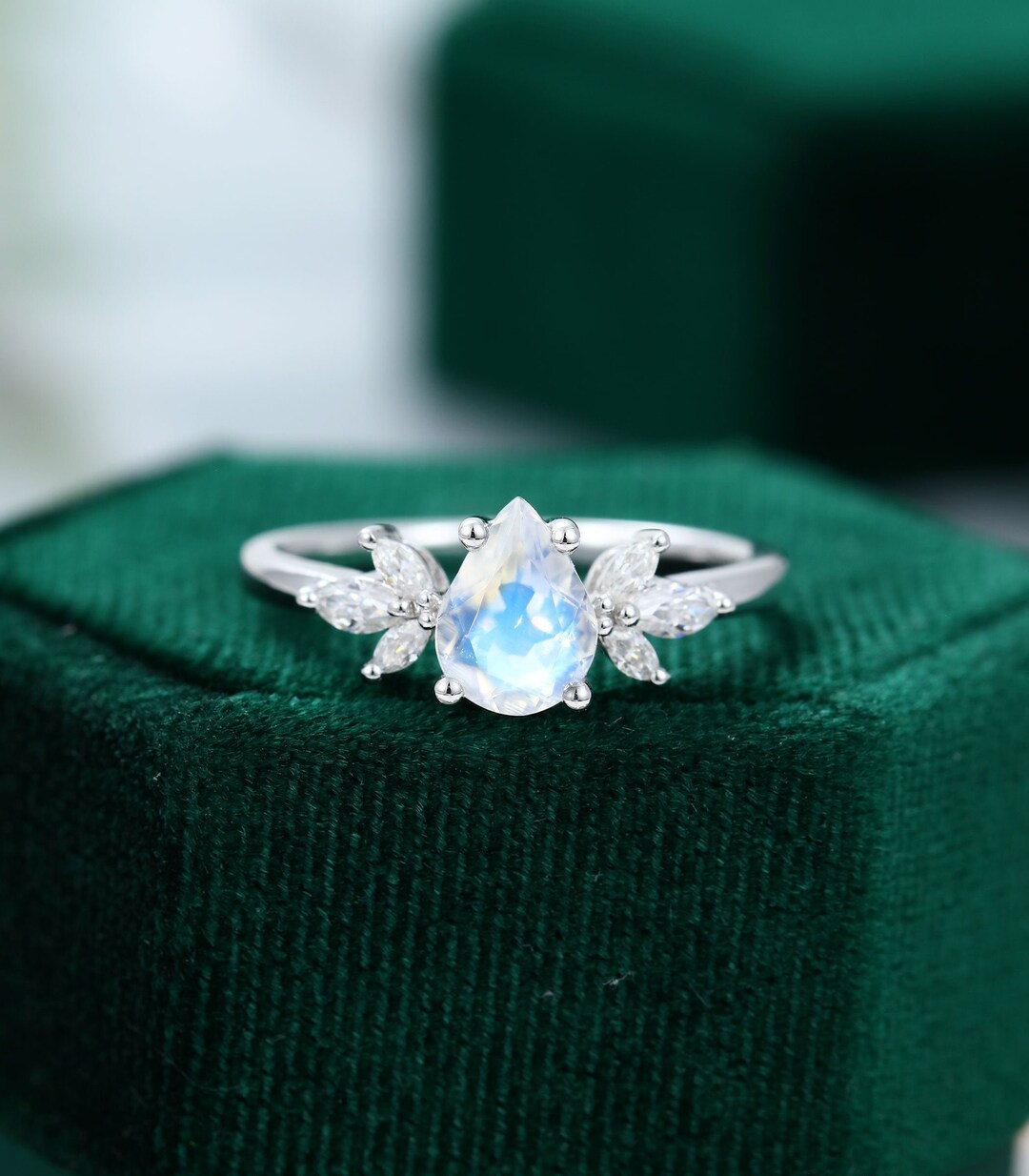 Pear Shaped Moonstone Engagement Ring Vintage White Gold Marquise Cut ...