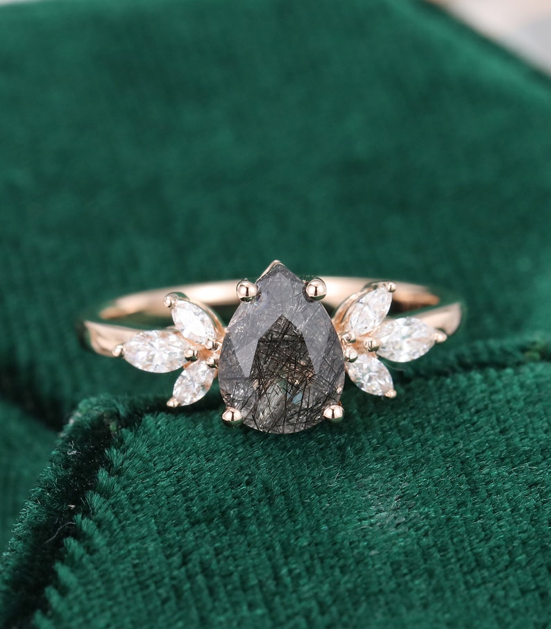 Black Rutilated Quartz engagement ring vintage Pear shaped | Etsy