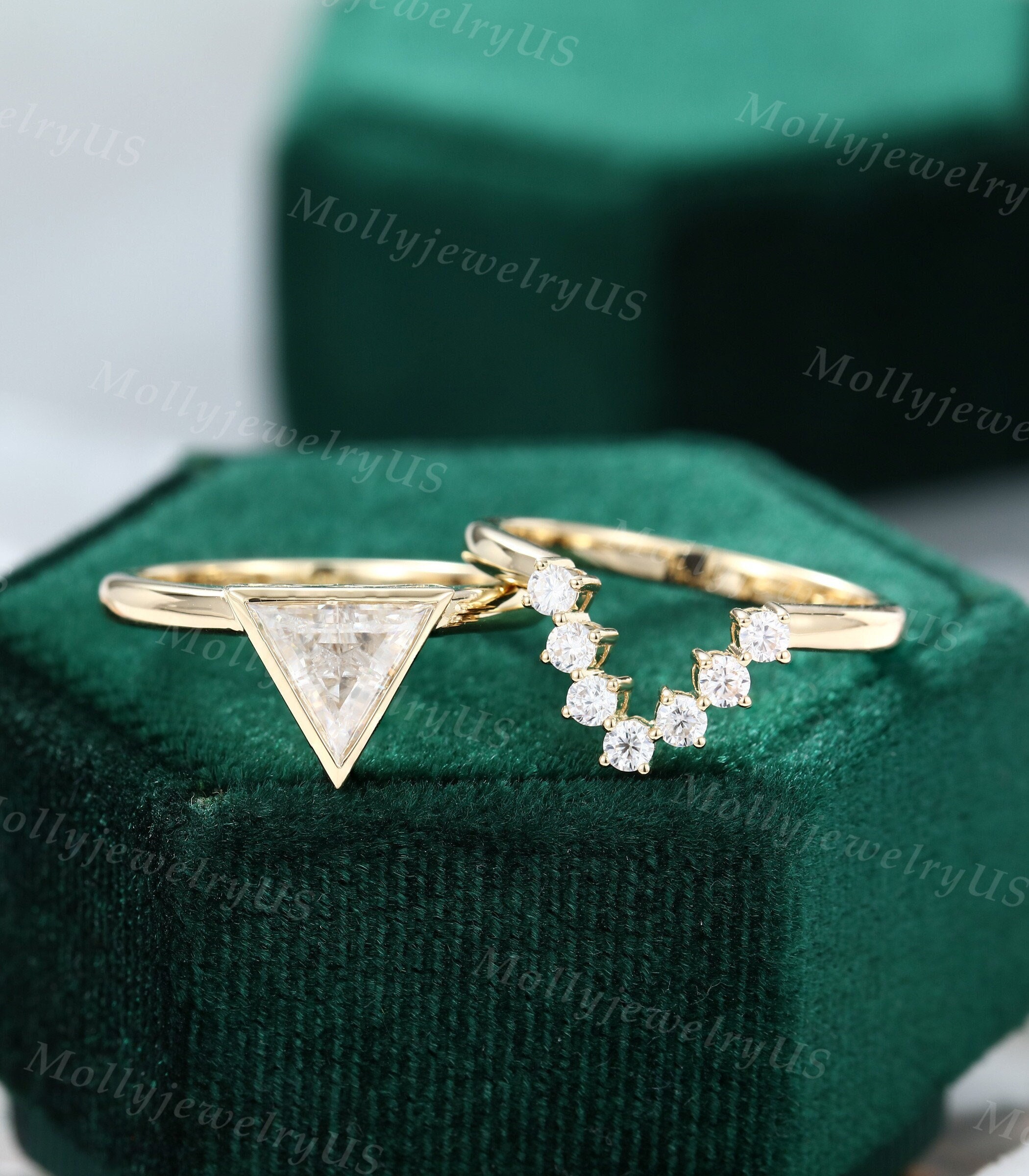 Unique Triangle Engagement Ring Set Simple Engagement Ring Yellow Gold ...