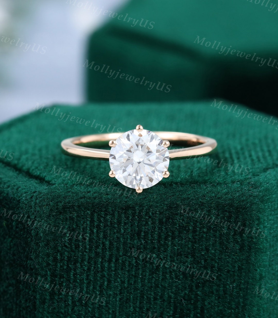 Rose Gold Moissanite Ring Simple Solitaire Engagement Ring Unique Six ...