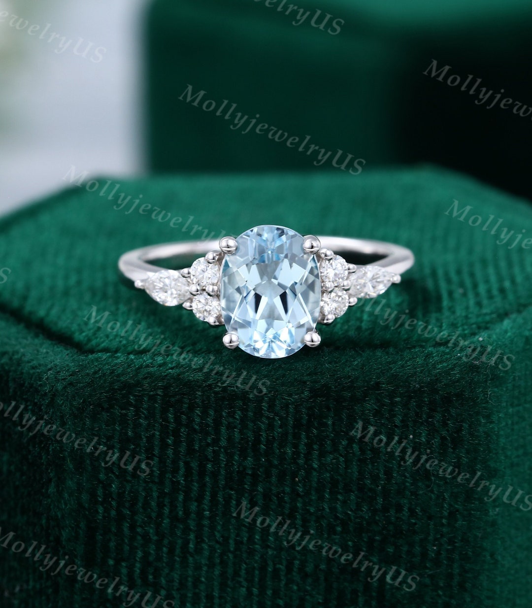 Oval Cut Aquamarine Engagement Ring Vintage White Gold Ring Unique ...