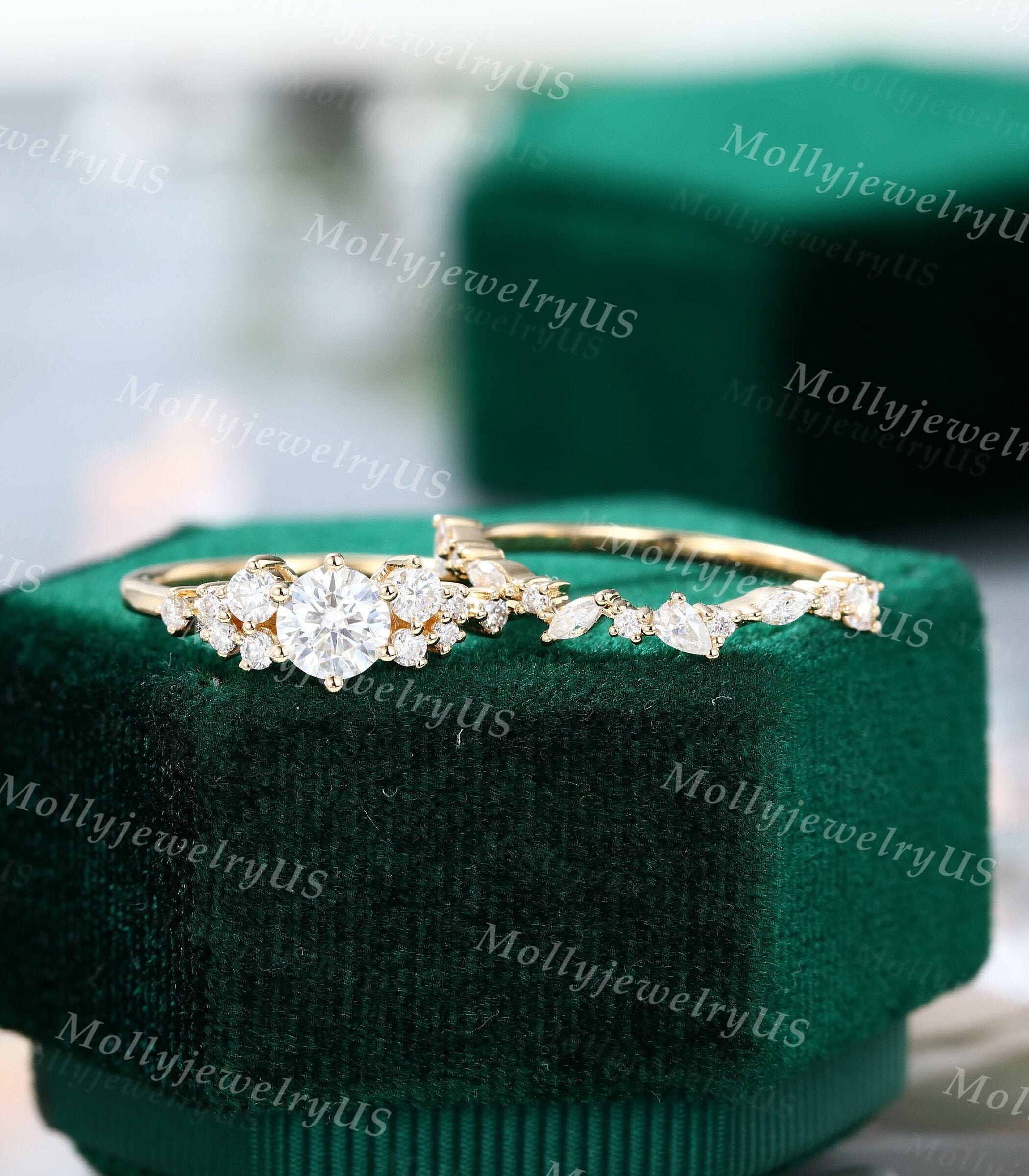 Unique Cluster Engagement Ring Set Vintage 14K Yellow Gold - Etsy