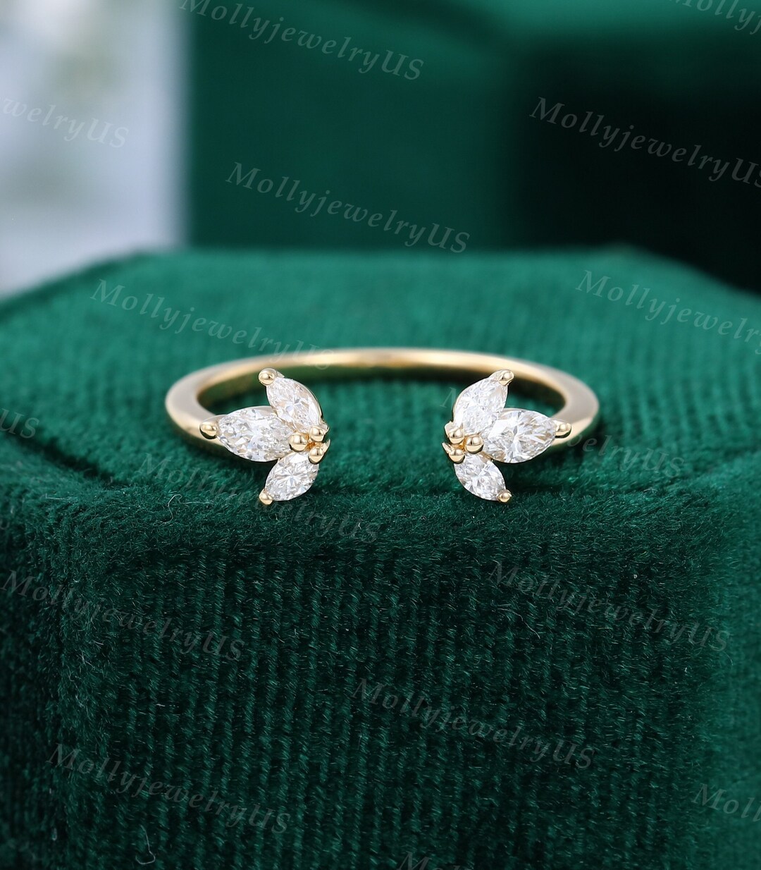 Vintage Moissanite Wedding Band Unique Marquise Cut Yellow Gold Wedding ...