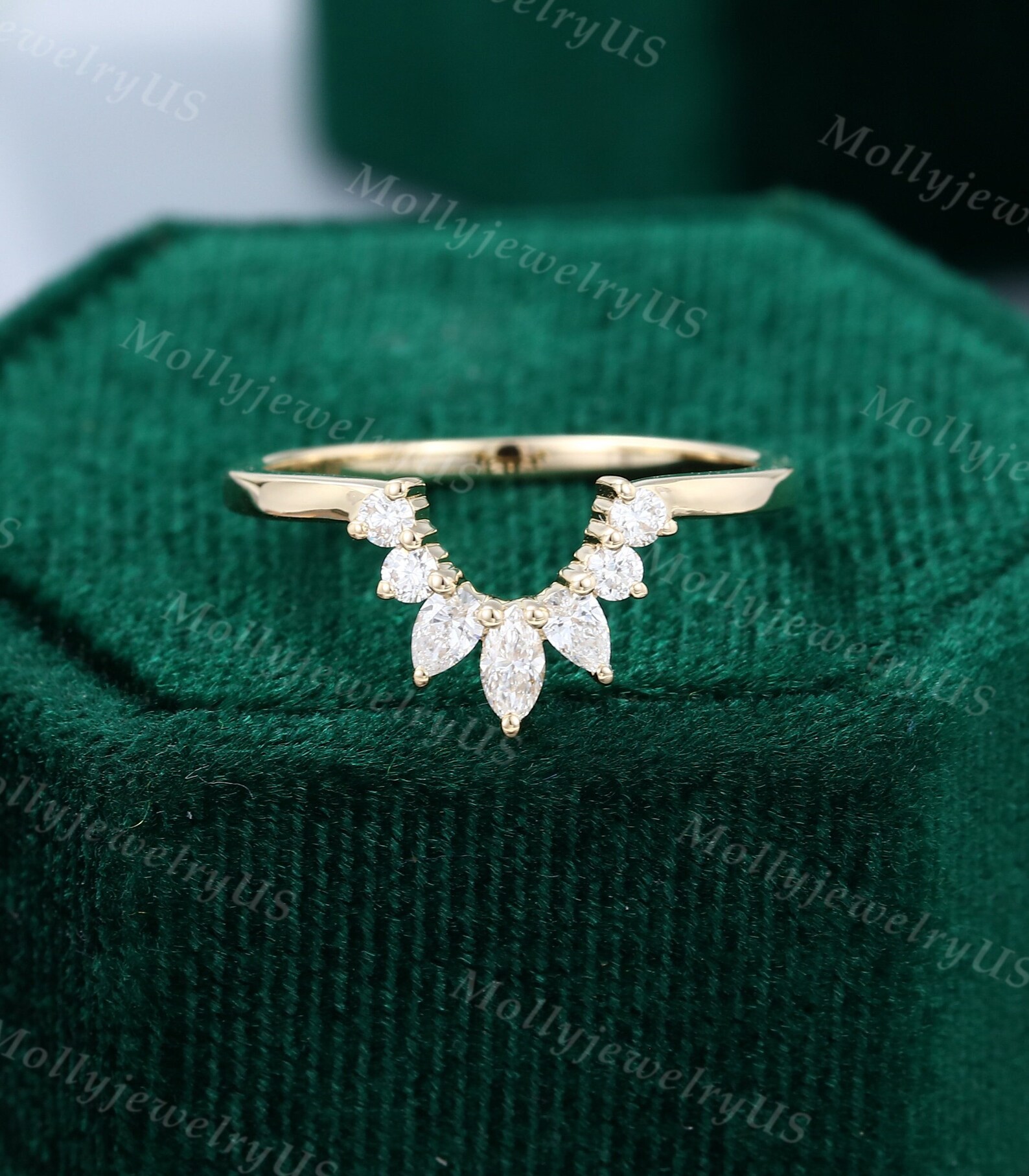 Curved Wedding Band Women Vintage Yellow Gold Marquise Cut | Etsy