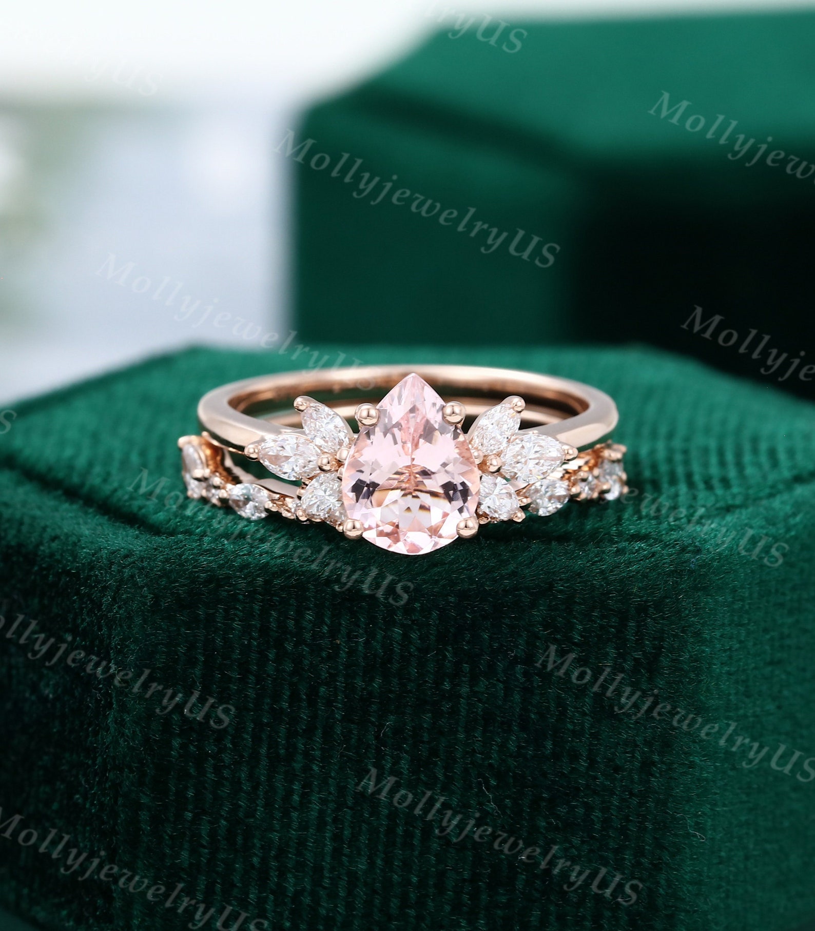 Pear Shaped Morganite Engagement Ring Set Vintage Unique - Etsy