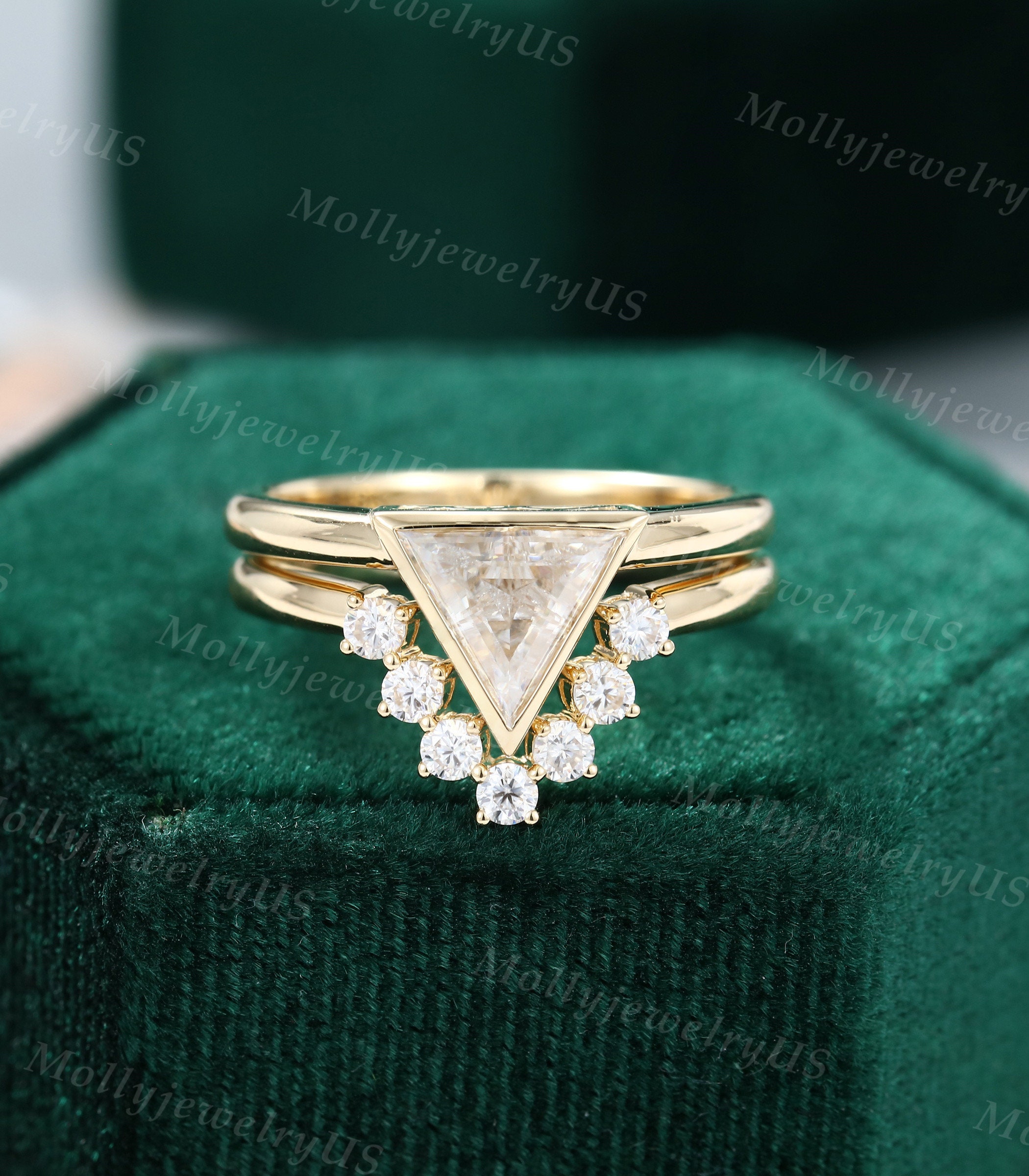 Unique Triangle Engagement Ring Set Simple Engagement Ring Yellow Gold ...