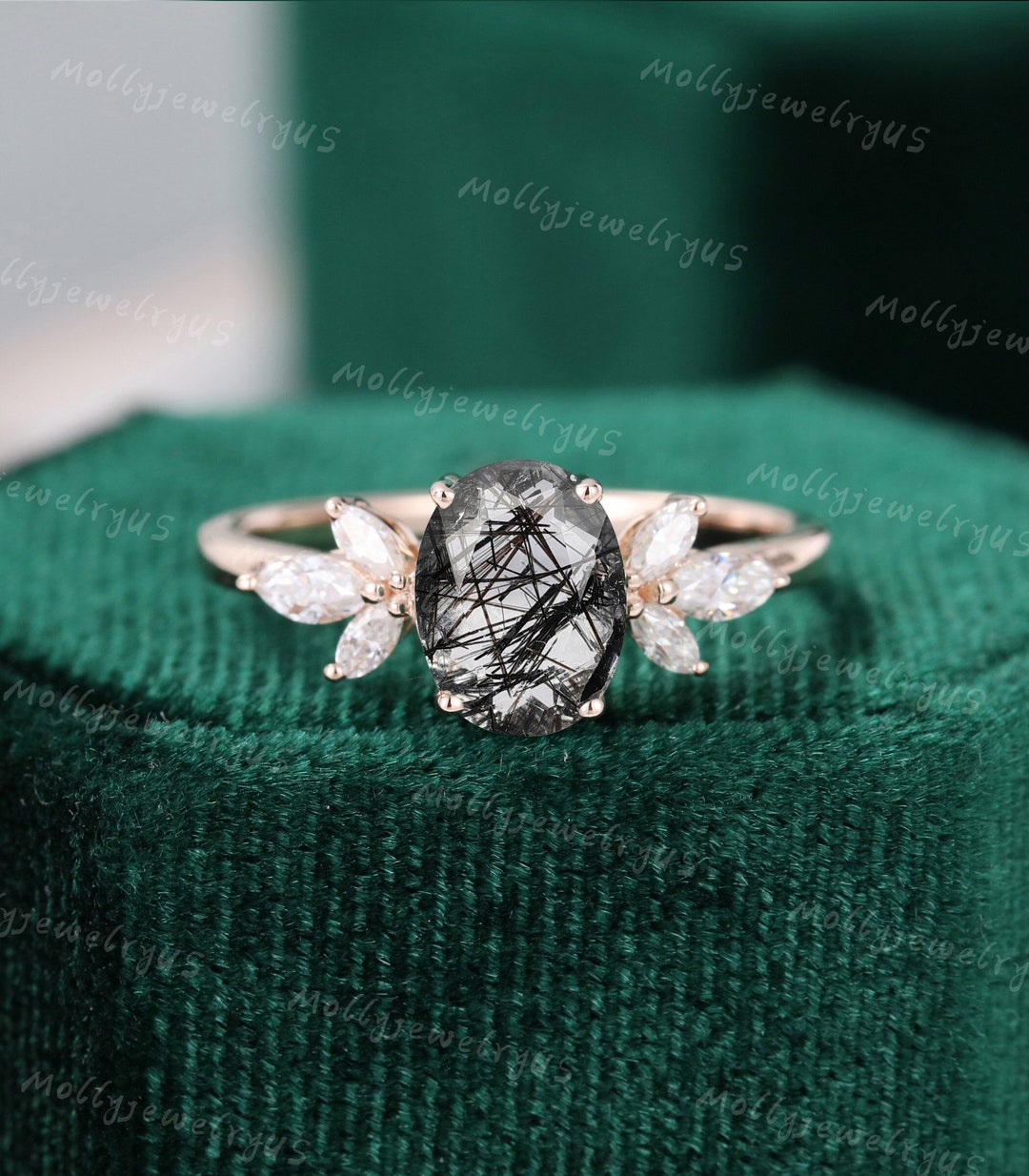 Oval Black Rutilated Quartz Engagement Ring Vintage Unique Rose Gold ...