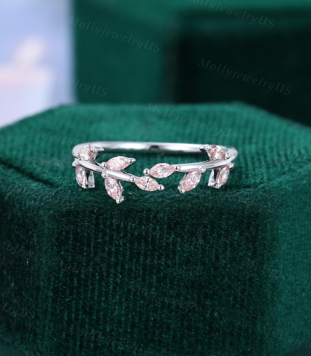 0.3 CT Marquise Cut Pink Lab Grown Diamond Curved Wedding Band Vintage White Gold Bridal Ring ...