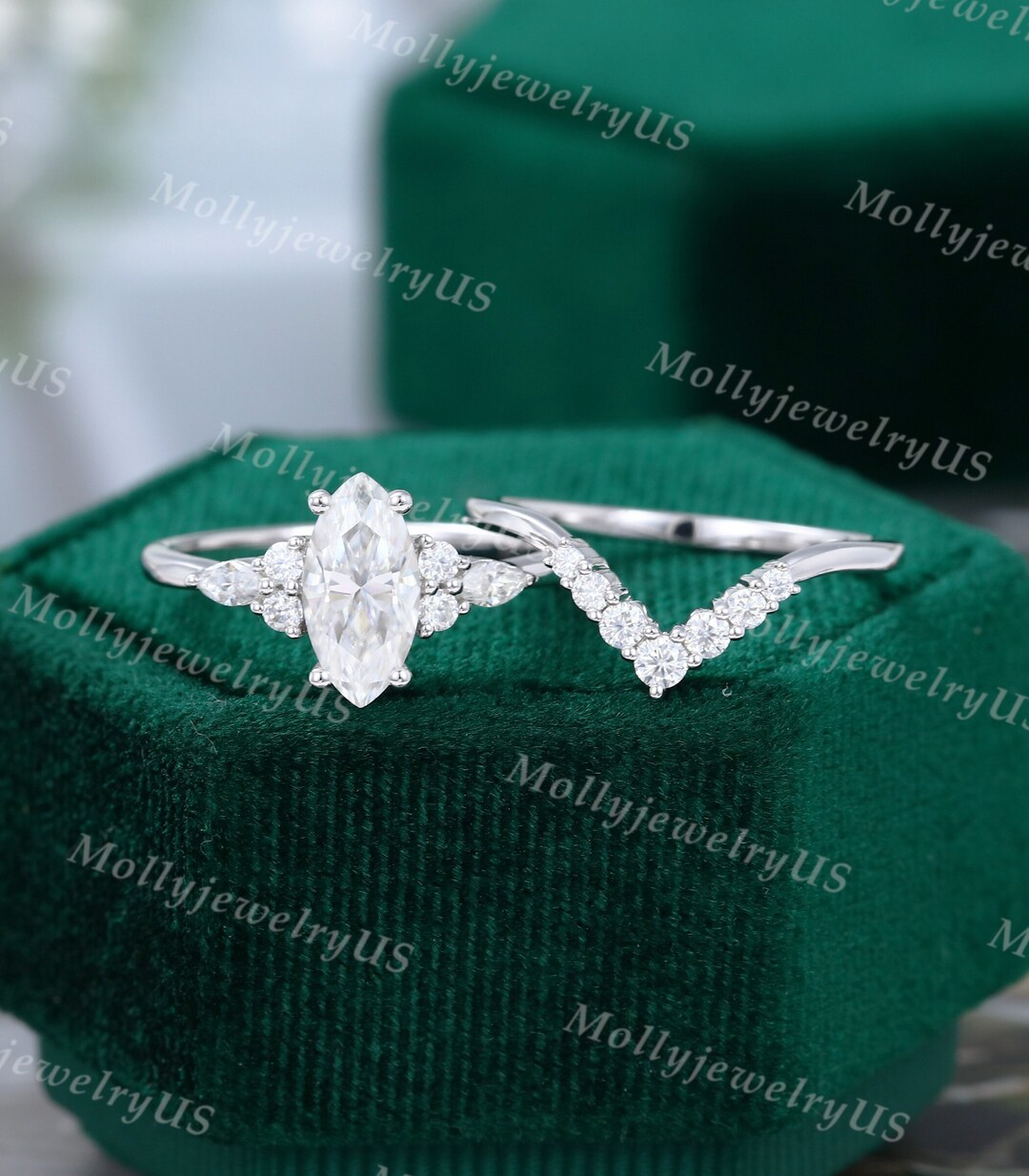 Marquise Cut Moissanite Engagement Ring Set Vintage Unique - Etsy