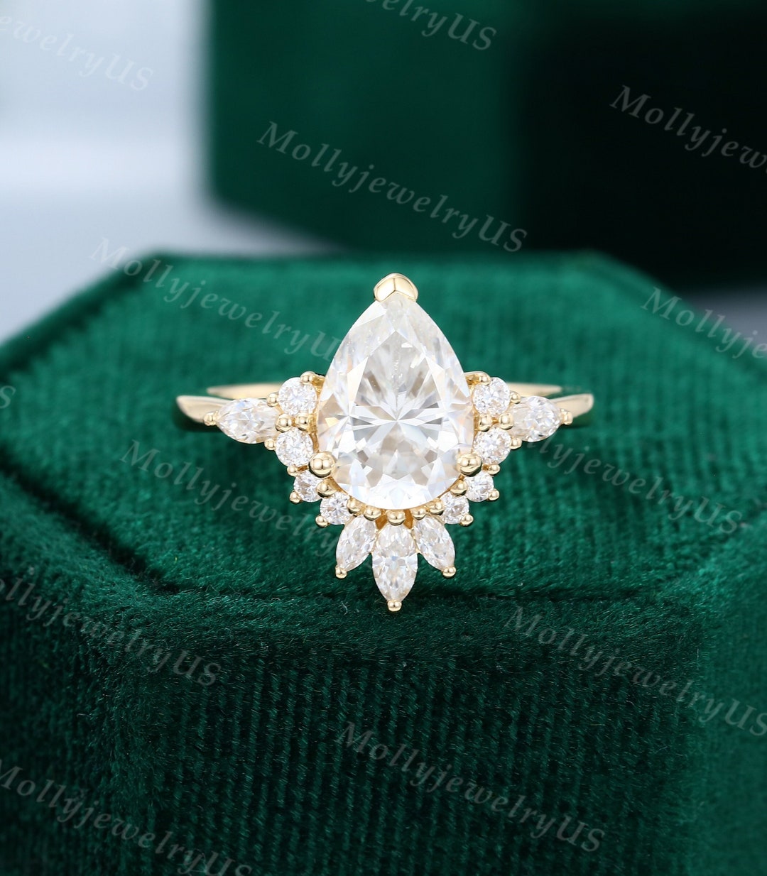 Unique Pear Shaped Moissanite Engagement Ring Vintage Yellow Gold ...