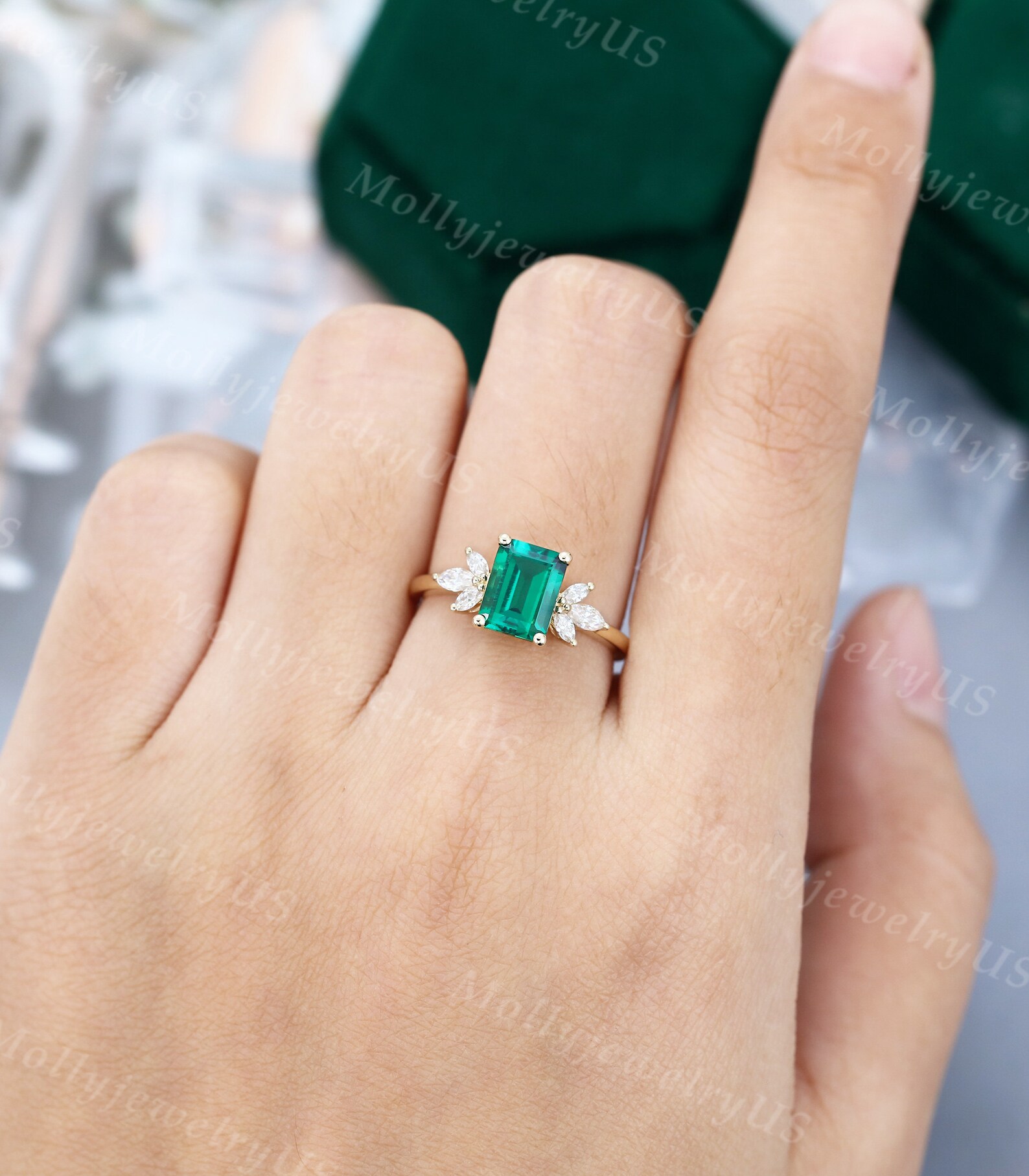 Lab Emerald Engagement Ring Vintage Unique Marquise Cut Diamond Cluster ...