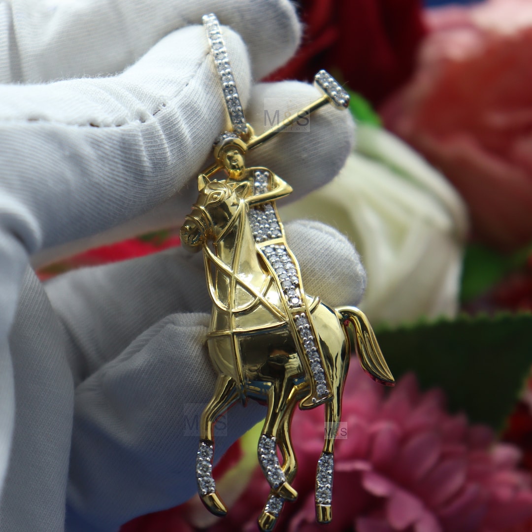 Custom Horse Polo Pendant: 2ct Round Simulated Diamond, 14K Yellow Gold ...