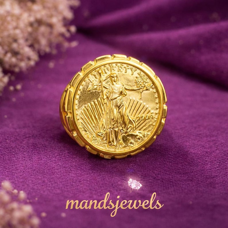20mm American Liberty Coin Ring, 14K Yellow Gold Plated Sterling Silver ...