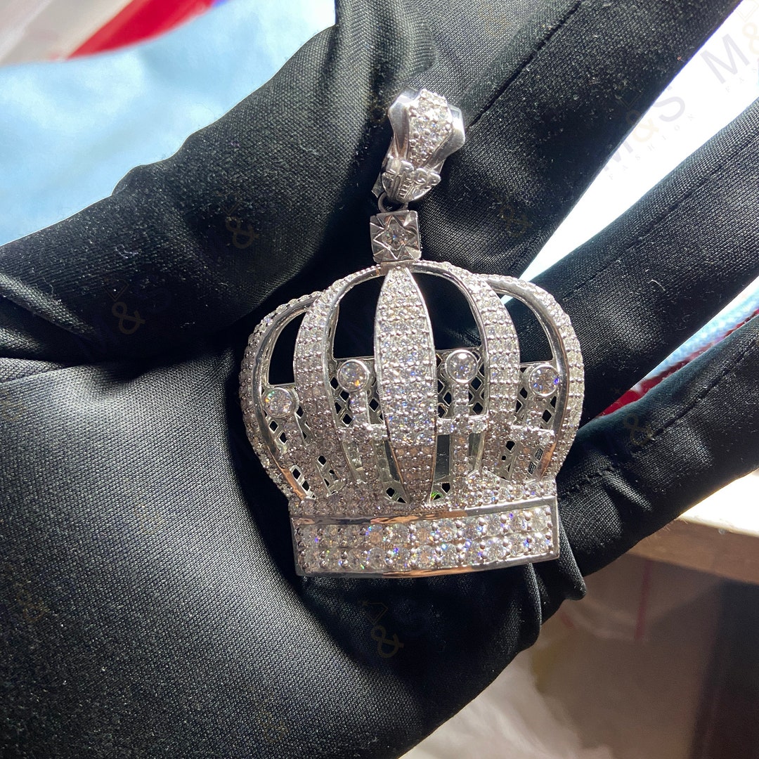 Iced Out Moissanite King Crown Pendant: 14k White Gold Plated Sterling ...