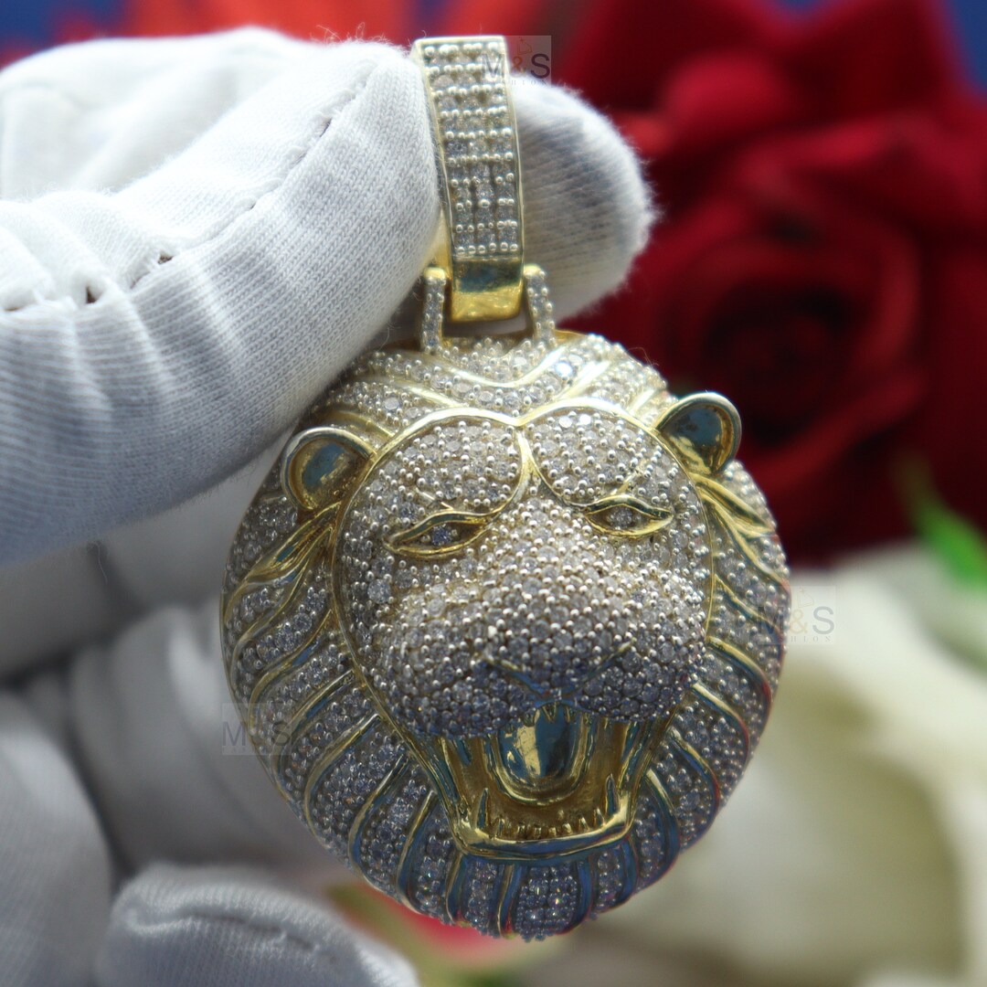 Iced Out Lion Head Pendant: 3.25 Ct Simulated Diamond, 14K Yellow Gold ...