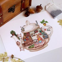Watercolor Teapot Print, Pink Tea Pot Illustration Art, Little Bird ...