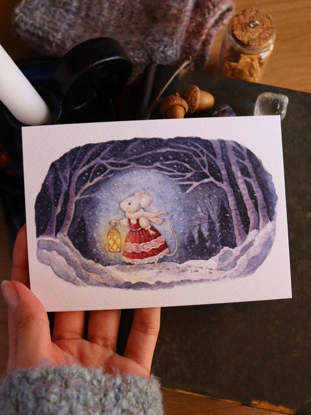 Mouse Watercolor Art Print, Snowstorm Lantern Drawing, Cottagecore ...