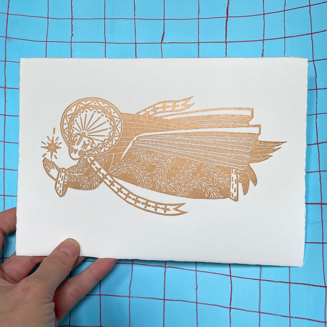 Golden Angel | Linocut - Etsy