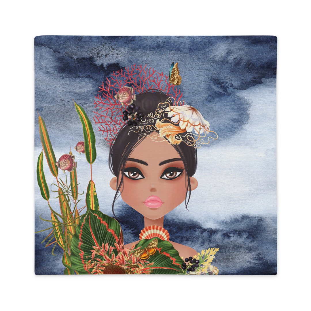 Mermaid Black Hair Hazel Eyes Seashells and Coral Premium Pillow Case ...