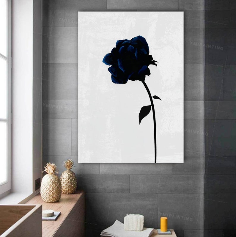 Dark Blue Rose Painting Single Rose Stem Painting Minimalist Modern ...