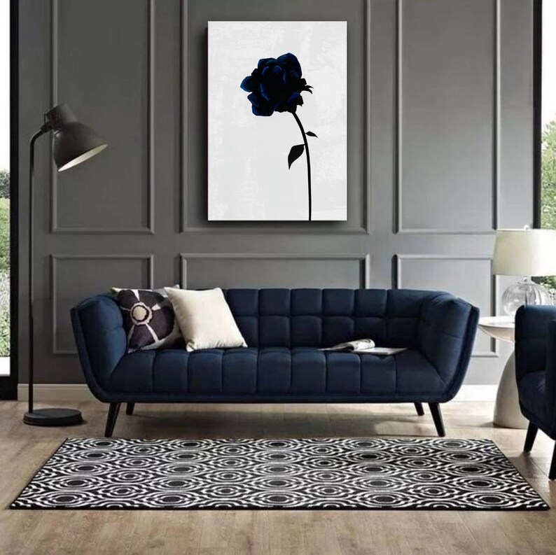 Dark Blue Rose Painting Single Rose Stem Painting Minimalist Modern ...