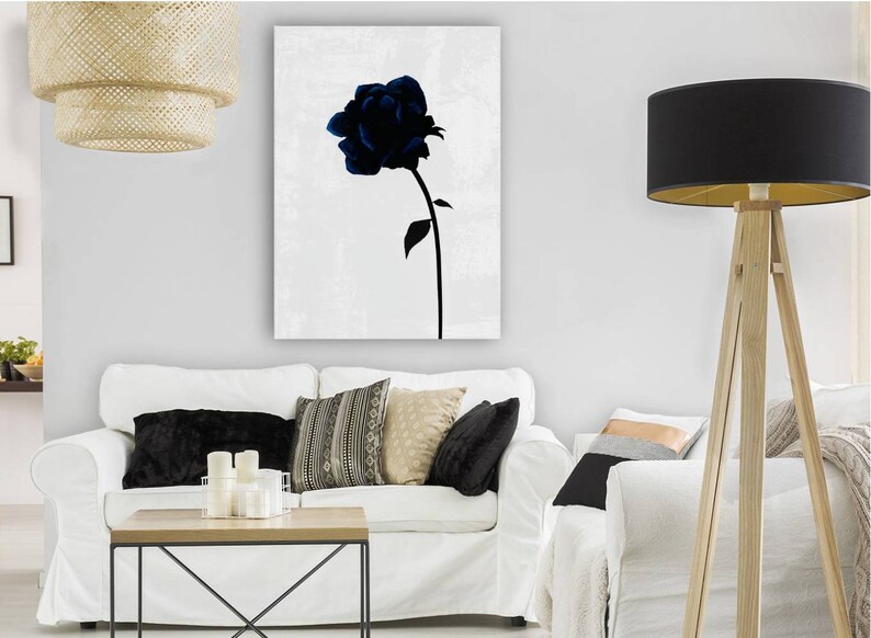 Dark Blue Rose Painting Single Rose Stem Painting Minimalist Modern ...