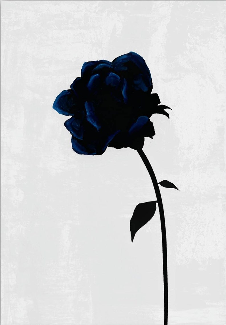 Dark Blue Rose Painting Single Rose Stem Painting Minimalist Modern ...