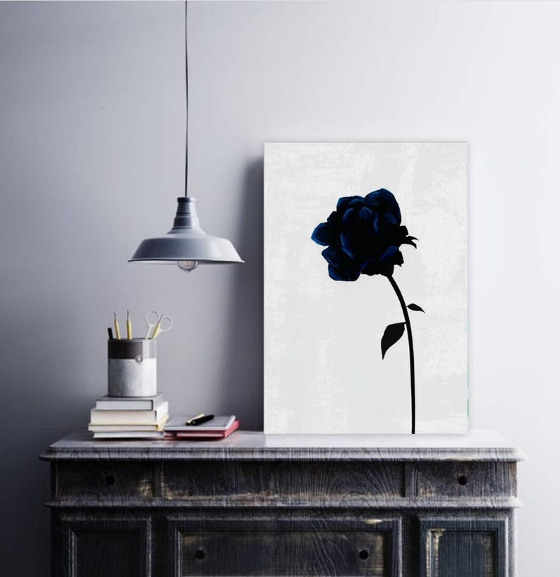 Dark Blue Rose Painting Single Rose Stem Painting Minimalist Modern ...