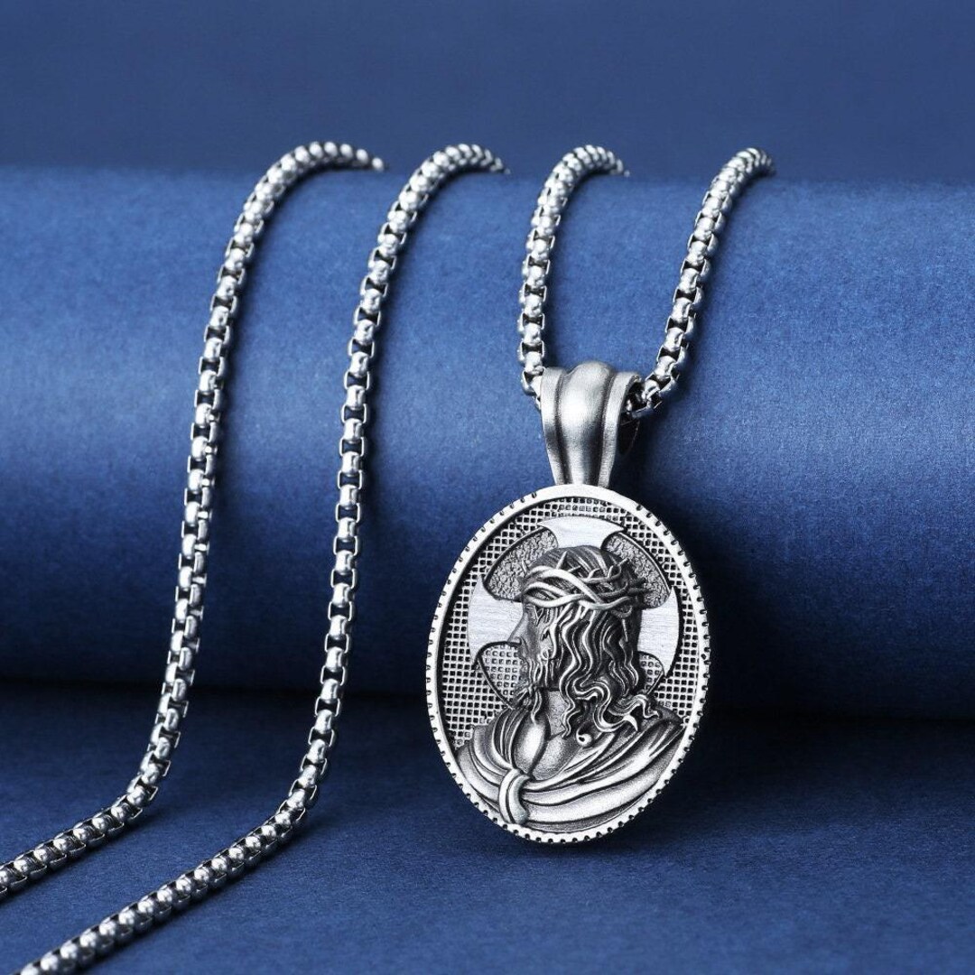Christian Jesus Mens Necklace, Handmade Jesus Medallion, Religious Men ...