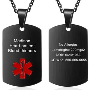 Custom Medical Alert Necklace for Men Women, Personalizded Engraved ...