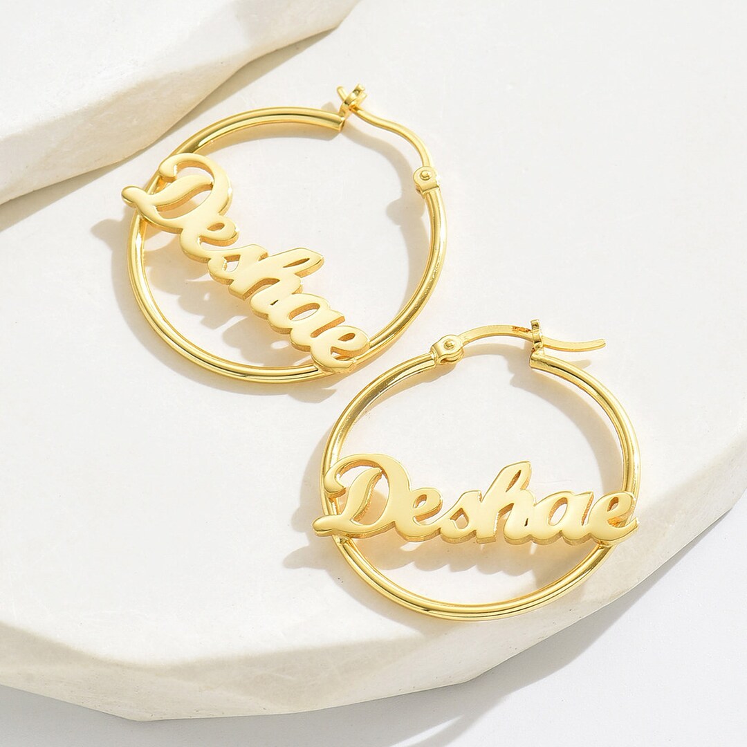 Custom Name Earrings, Nameplate Hoops Earrings, Personalized Name ...