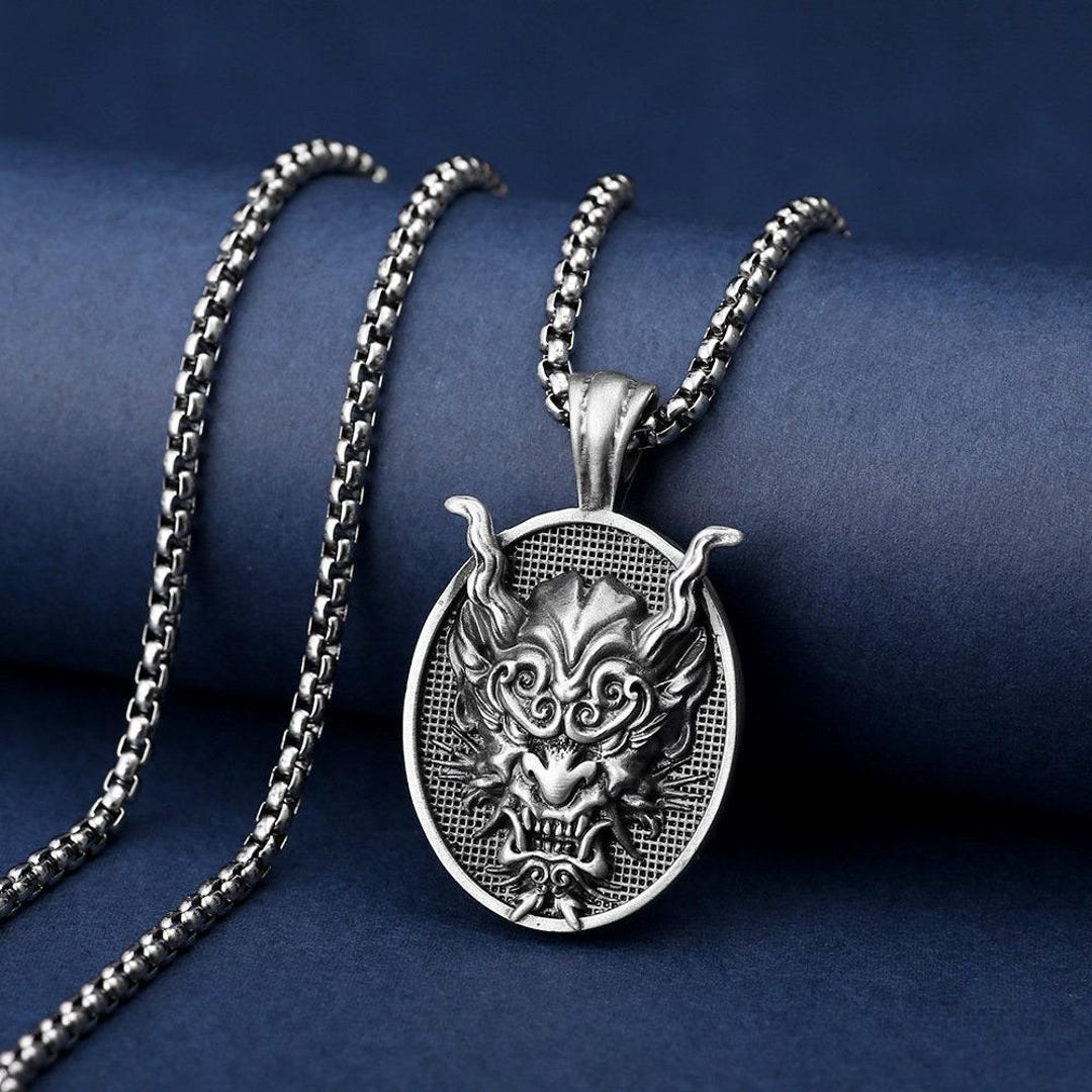 Oni Mask Handmade Men Charm Necklace, Handmade Oni Mask Pendant, Gothic ...