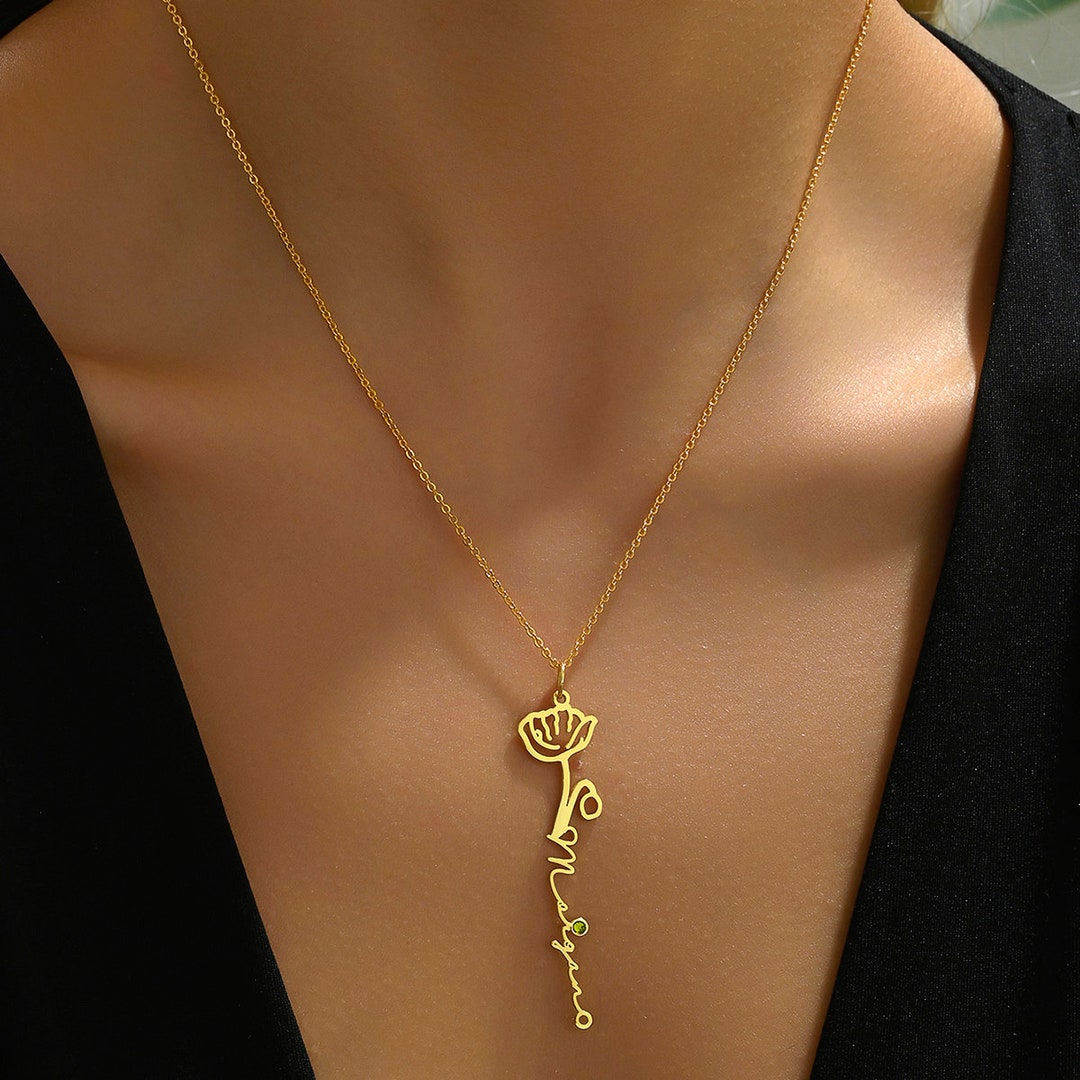 Personalized Birth Flower Necklace, Custom Name Necklace, Floral Name ...