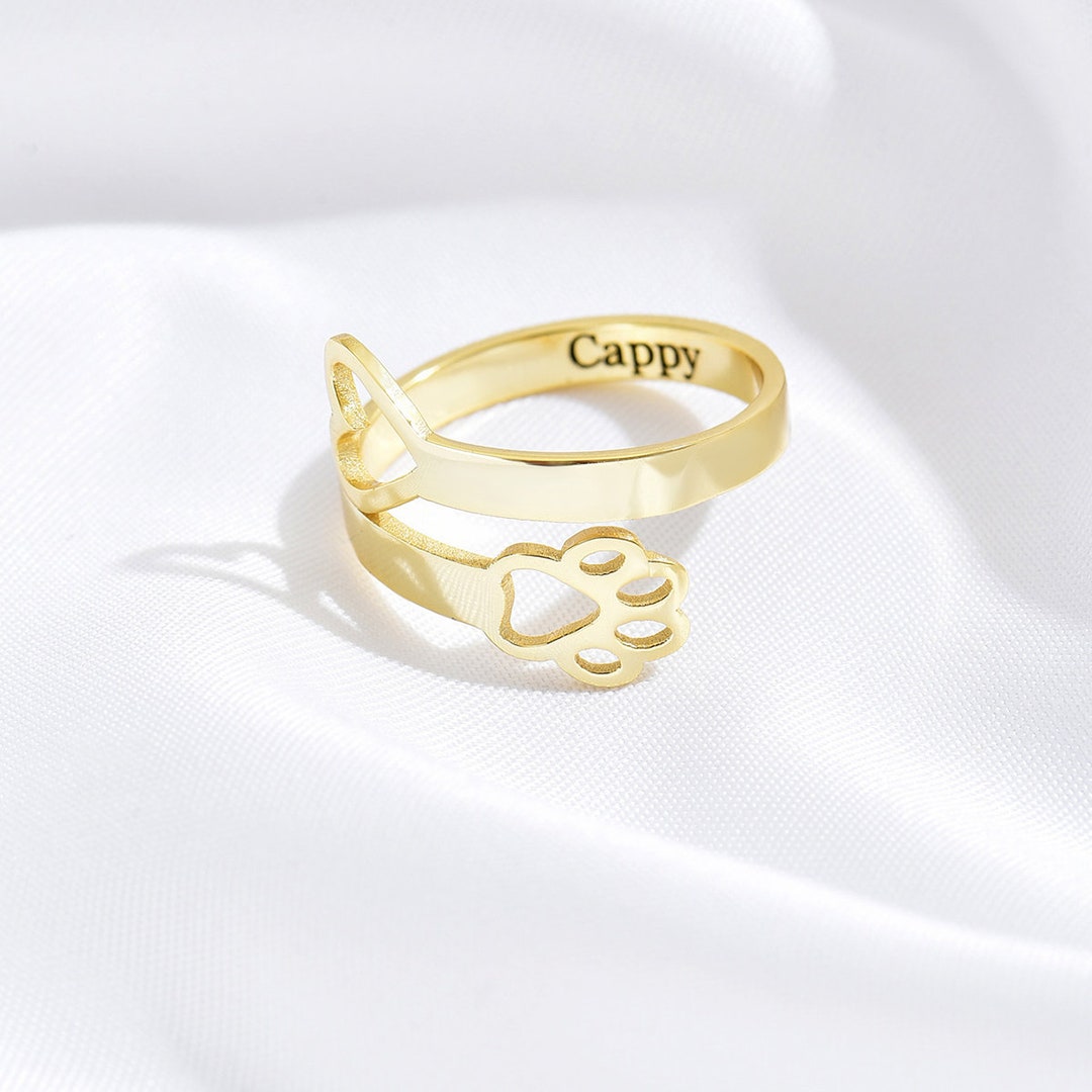 Custom Pet Paw and Heart Name Ring, Pet Name Ring, Pet Memorial Ring ...