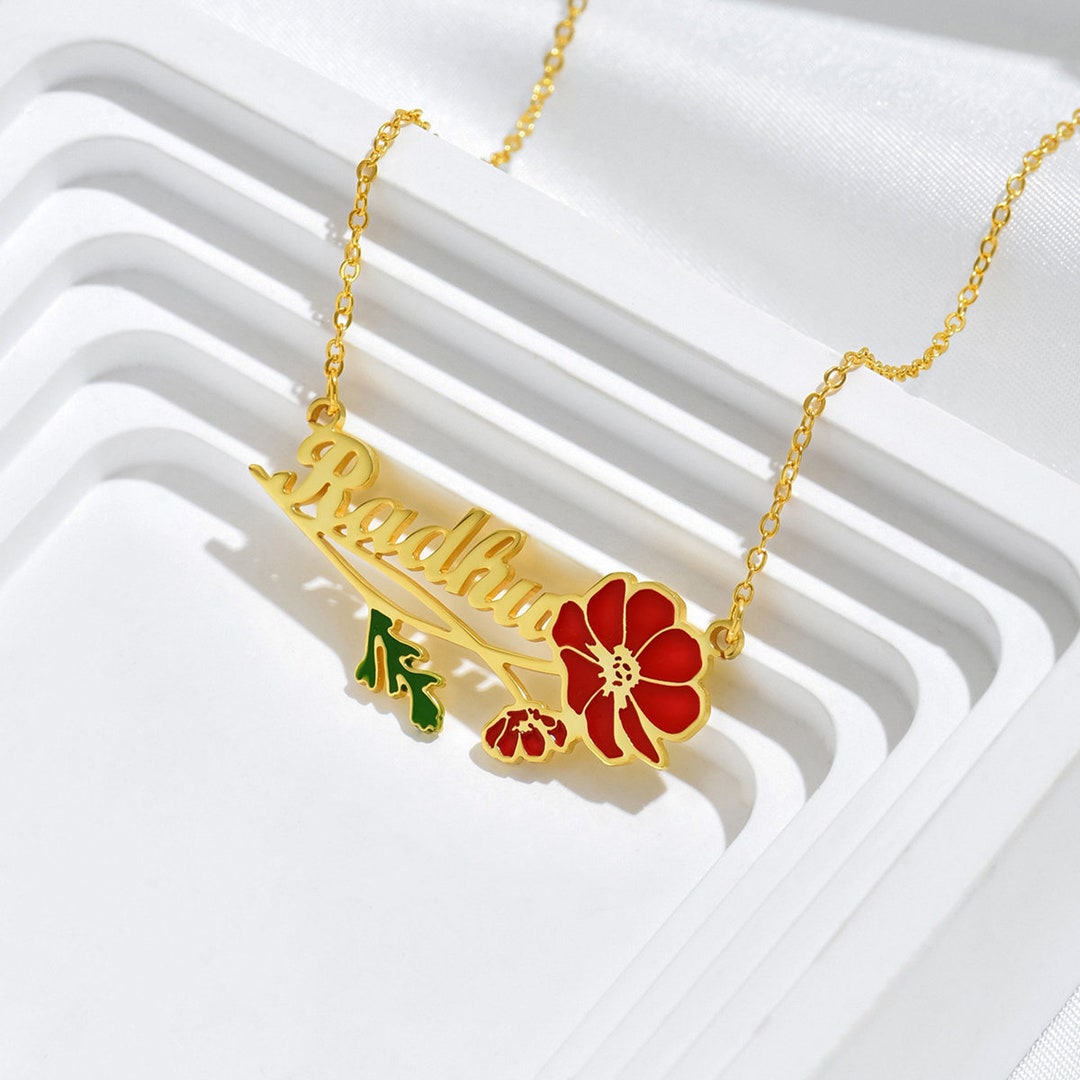 Birth Flower Name Necklace, Floral Name Necklace, Horizontal Colorful ...