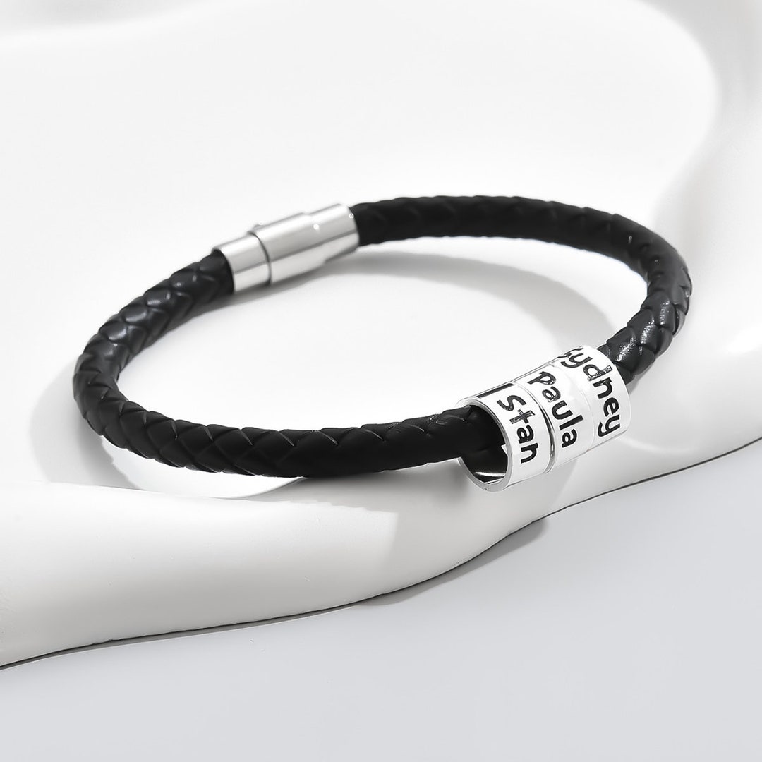 Personalized Men Black Braid Names Bracelet, Custom Family Names Charm ...