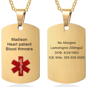 Custom Medical Alert Necklace for Men Women, Personalizded Engraved ...