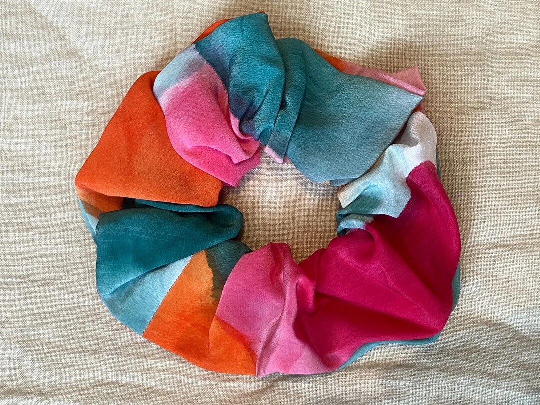 Hand Painted Silk Crepe Hair Scrunchie in Hot Pink, Orange and Jade ...