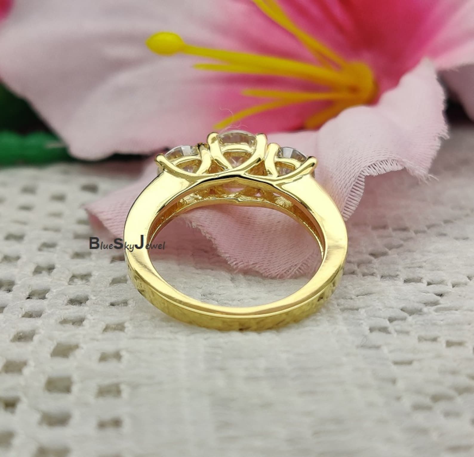 Three Stone Wedding Ring Set Bridal Set 14k Yellow Gold - Etsy