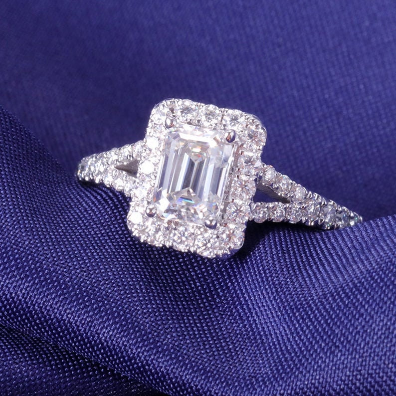 2ct Emerald Cut Diamond Simulant Engagement Ring Halo Ring Etsy